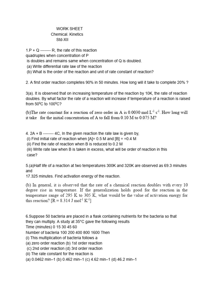 Chemical Kinetics Worksheet for Class 12 | PDF | Reaction Rate ...