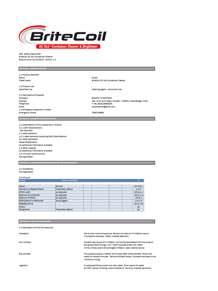 BriteCoil AC Coil Cleaner Safety Data Sheet | PDF | Toxicity | Water