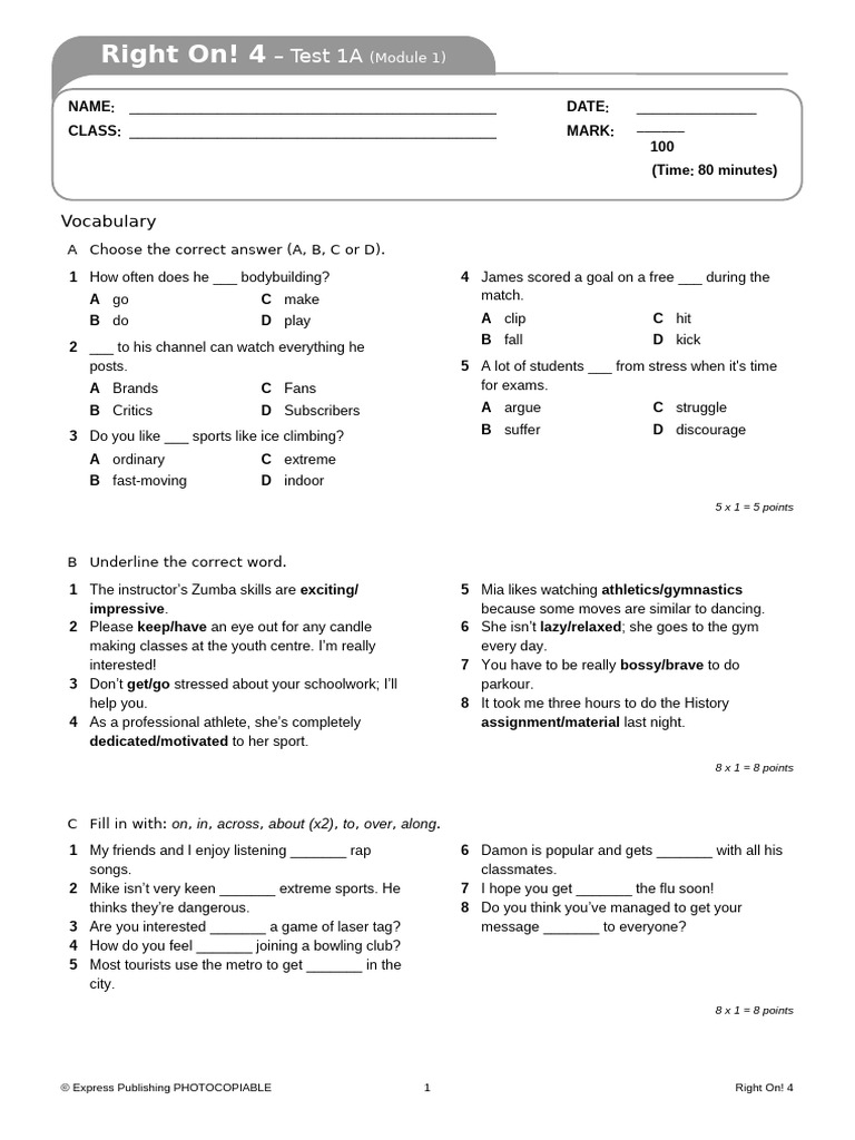 01 Right On 4 - SERB - Test 1A - Mod 1 | PDF
