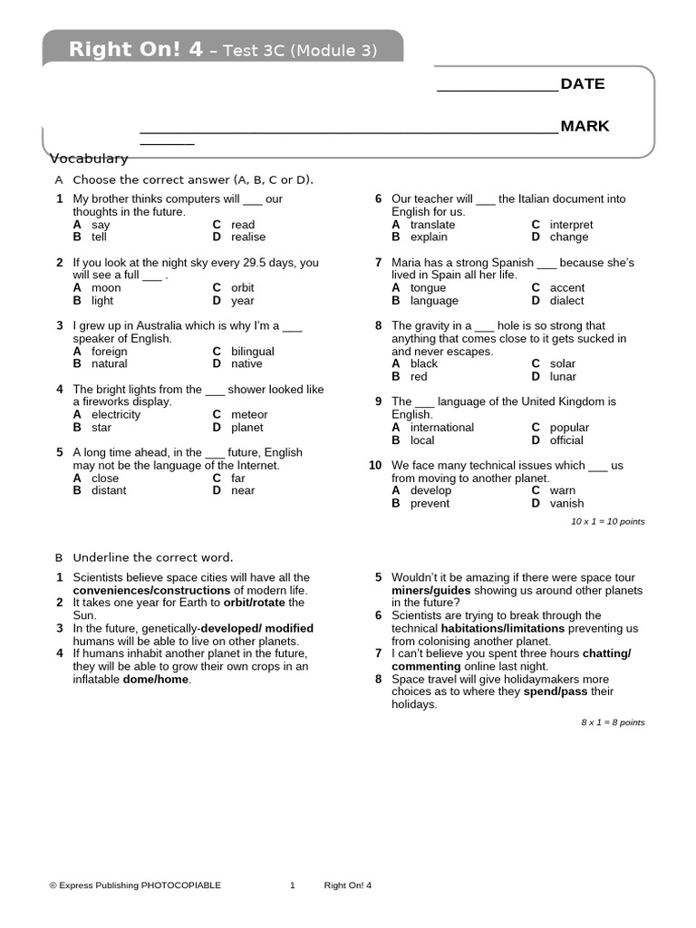 09 Right On 4 - SERB - Test 3C - Mod 3 | PDF | Linguistics