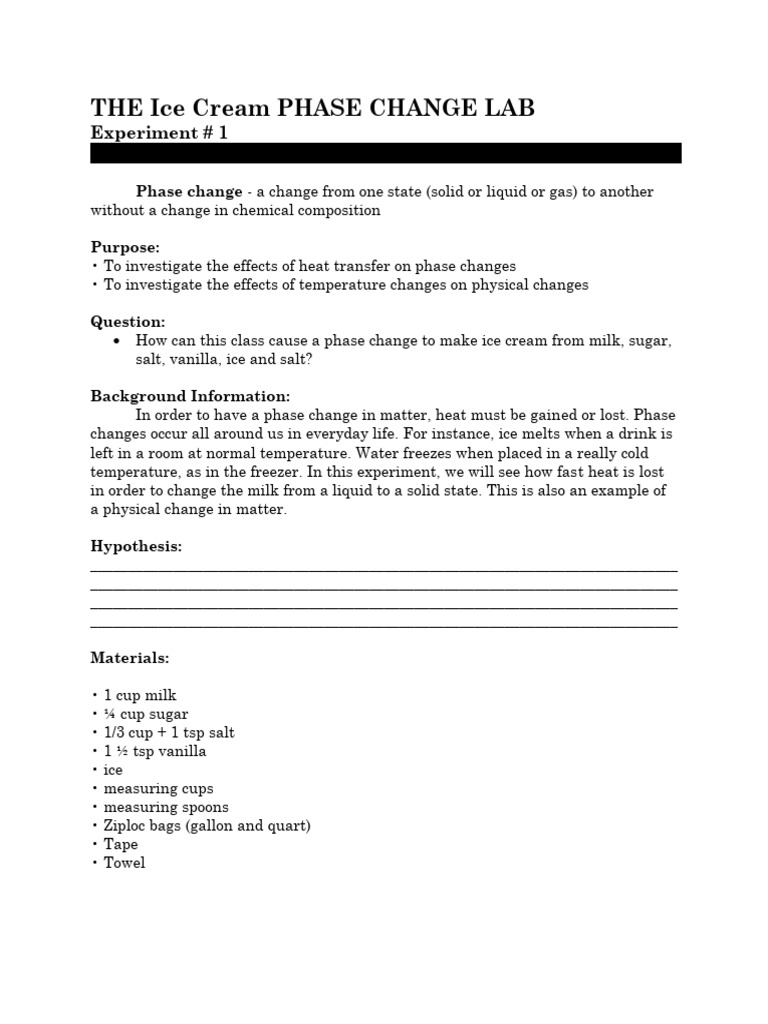 Ice Cream Phase Change Experiment | PDF | Ice | Phase (Matter)
