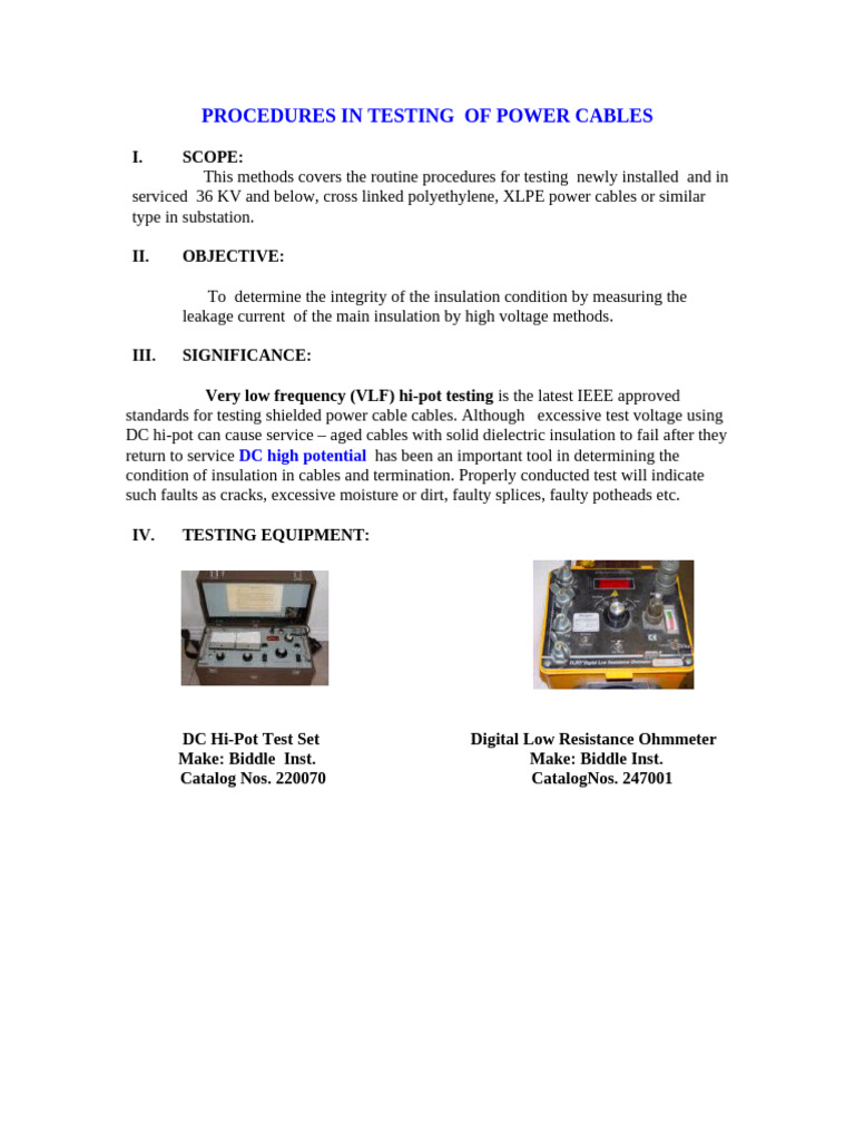 Procedure Power Cable Test | PDF | Insulator (Electricity) | Electrical ...