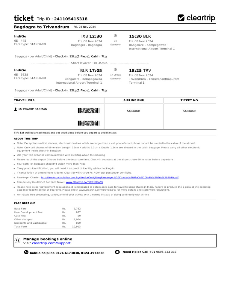 Cleartrip Flight Itinerary Details | PDF | Airport | Aviation
