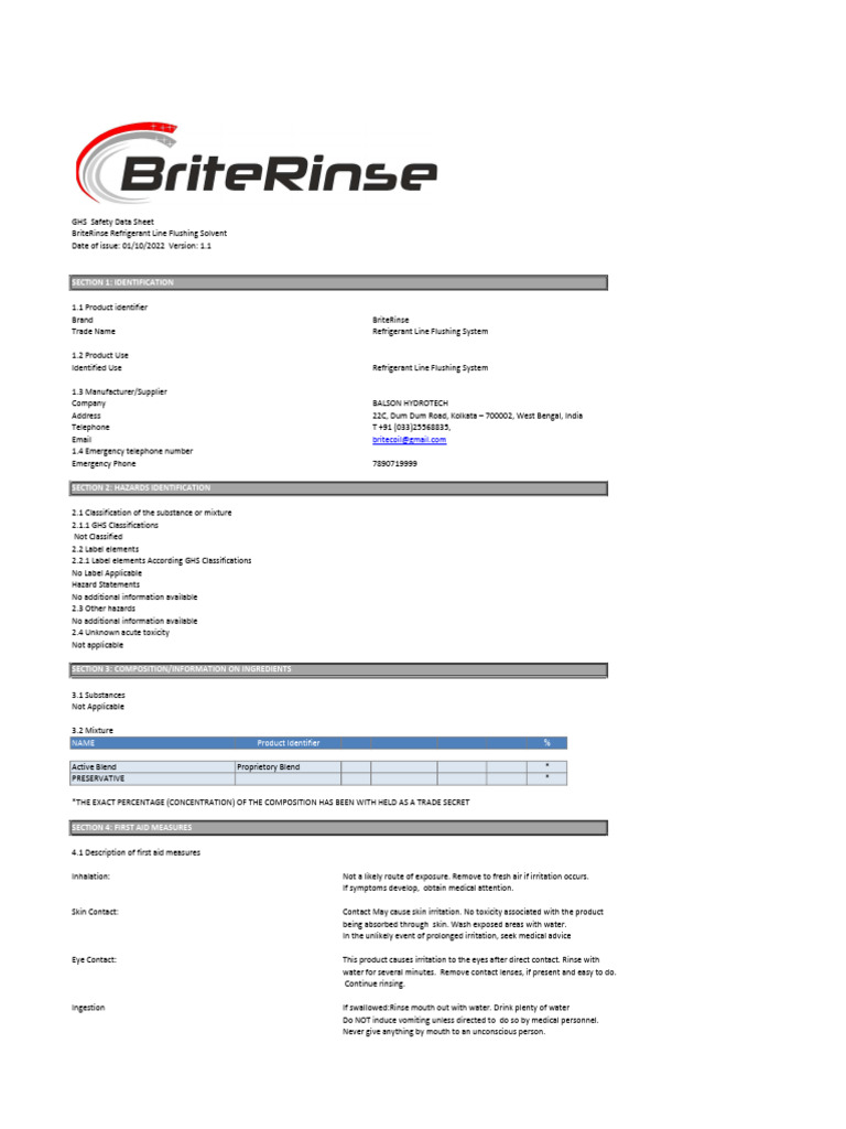 BriteRinse Safety Data Sheet Overview | PDF | Toxicity | Chemistry