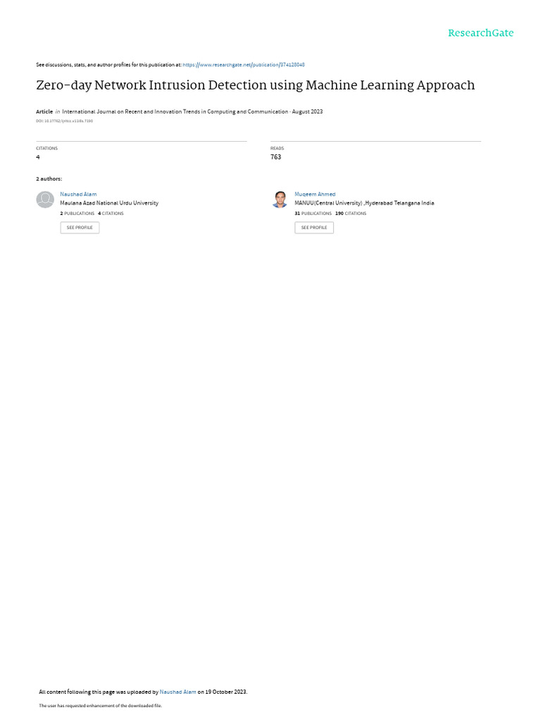 Zero Day Network Intrusion Detection Using Machine Learning Approach Pdf Machine Learning