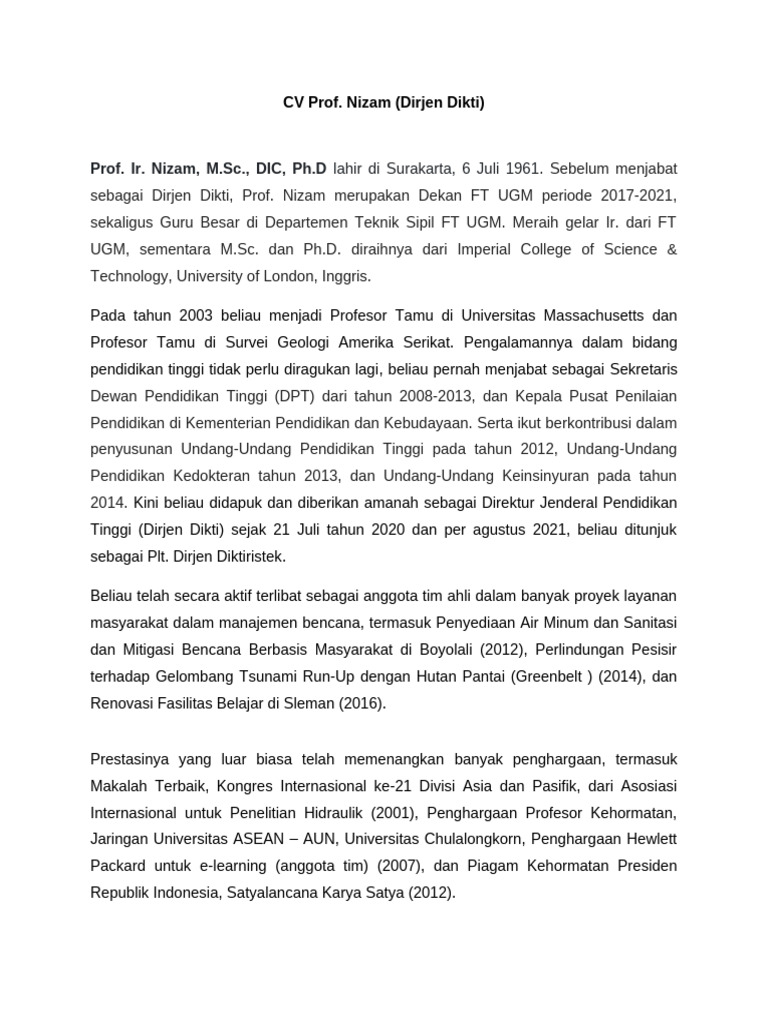 Profil Prof. Nizam, Dirjen Dikti | PDF | Sains & Matematika | Teknologi ...