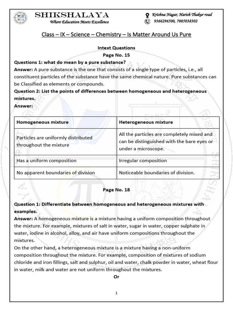 Class 9 Chemistry Chapter 2 Inside Questions and Answers | PDF ...