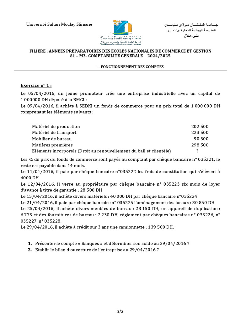 TD3 - Comptabilité Générale - ENCG - S1 - M3 - 2024 - 2025 - A BOUDHAR-Fonctionnement Des ...
