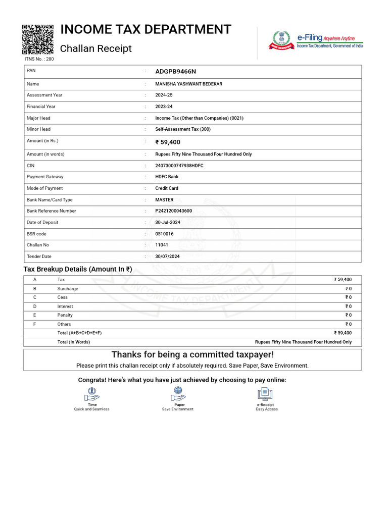 24073000747938HDFC ChallanReceipt | PDF | Payments | Taxes