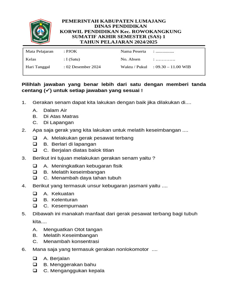 Soal Pjok Kelas 1 2024 Sas | PDF