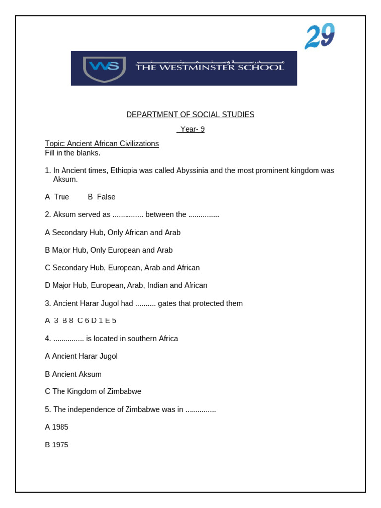 Yr 9 - Ancient African Civilizations WS 1 | PDF | Languages Of Africa
