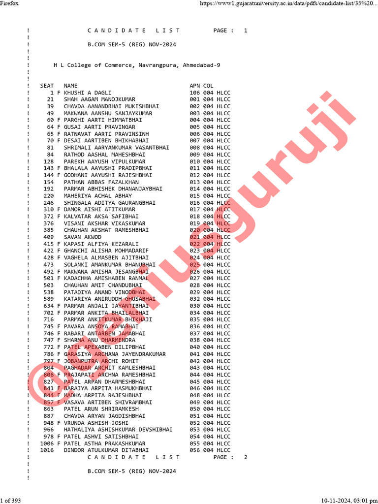 Sem 5 Reg Nov 2024 Candidate Listnew | PDF