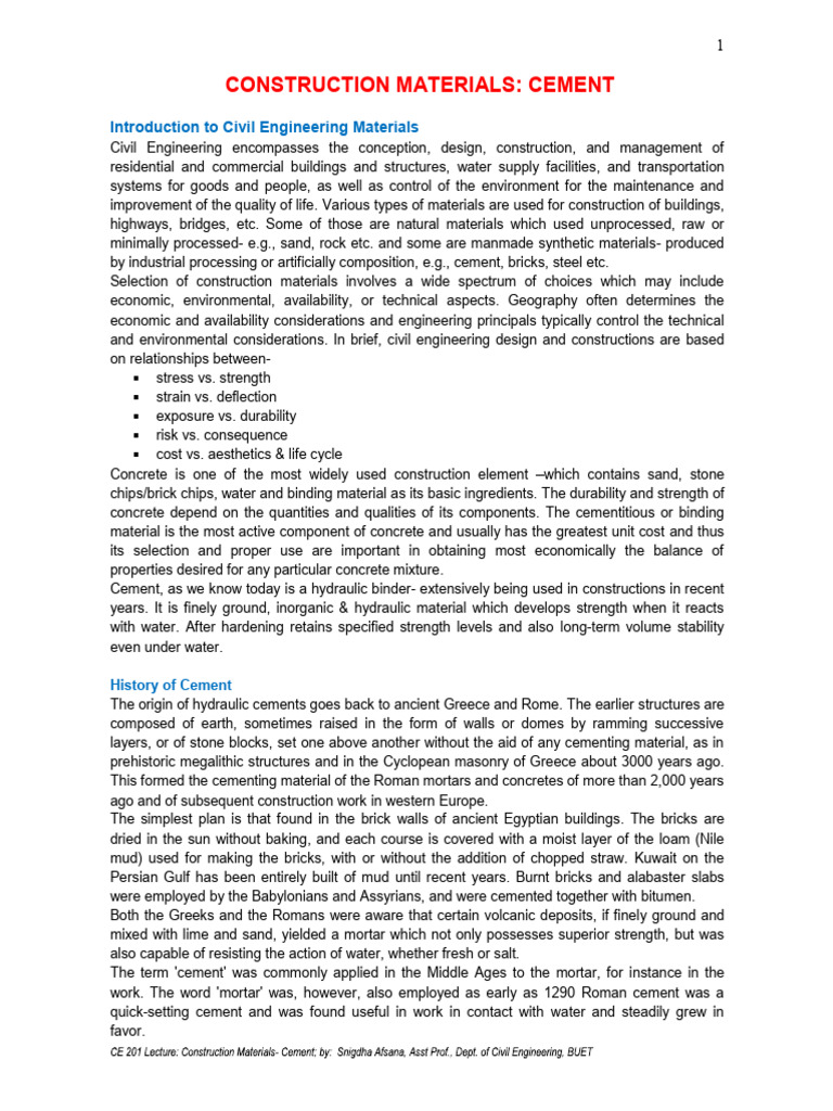 CE201 EM Classnote Cement 2 MJH Ms Snigdha Afsana | PDF | Cement | Concrete