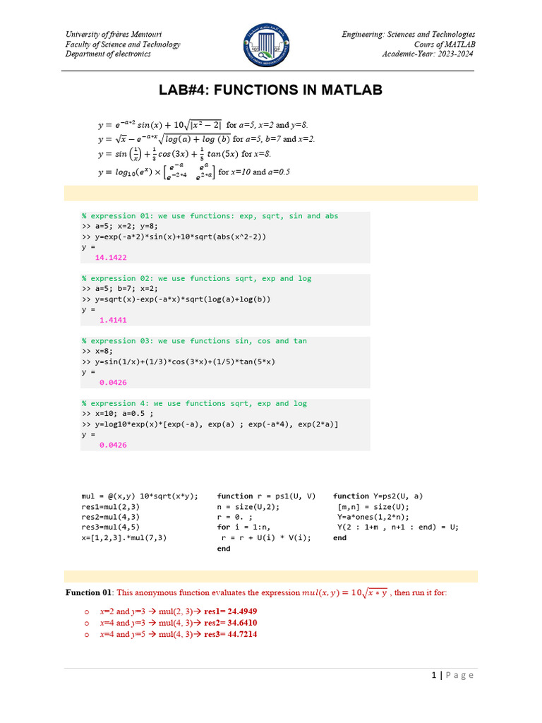 LAB-04-functions in MATLAB-solutions Exos1-4 | PDF | Anonymous Function | Function (Mathematics)