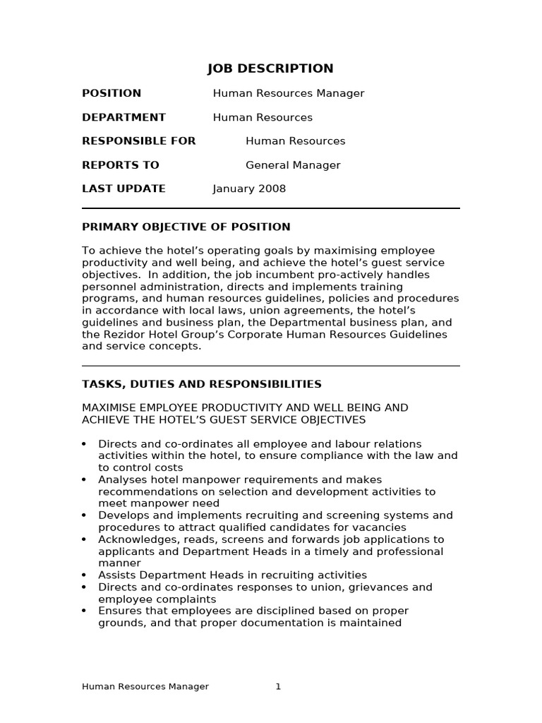 Human Resources Manager Job Description | PDF | Human Resources ...