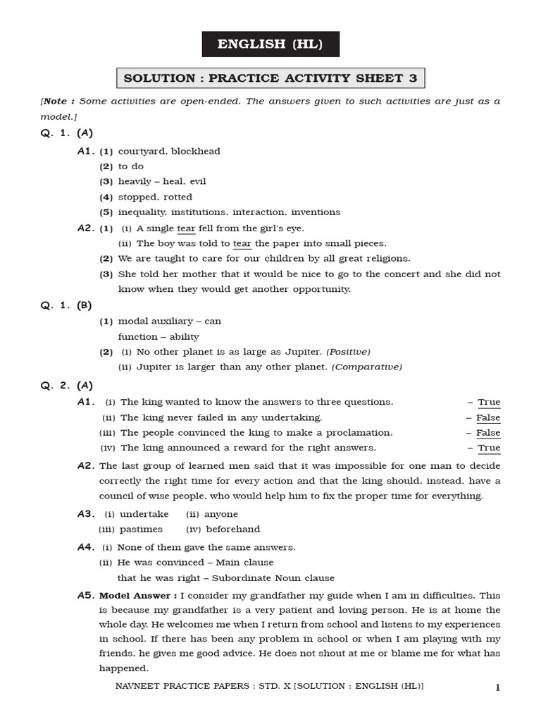 English HL Solutions: Practice Sheet 3 | PDF