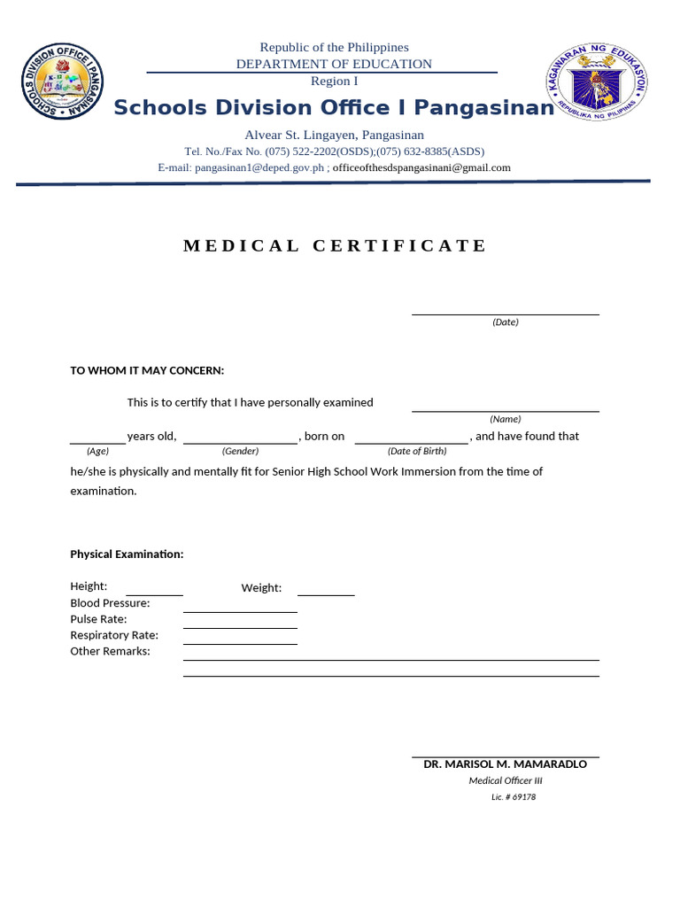 Medical Certificate SHS 2 | PDF