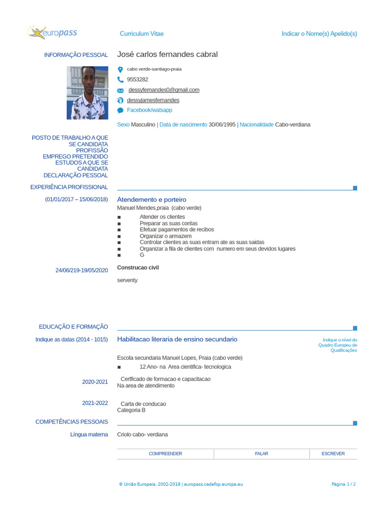 Modelo de Curriculum Vitae Europeu | PDF
