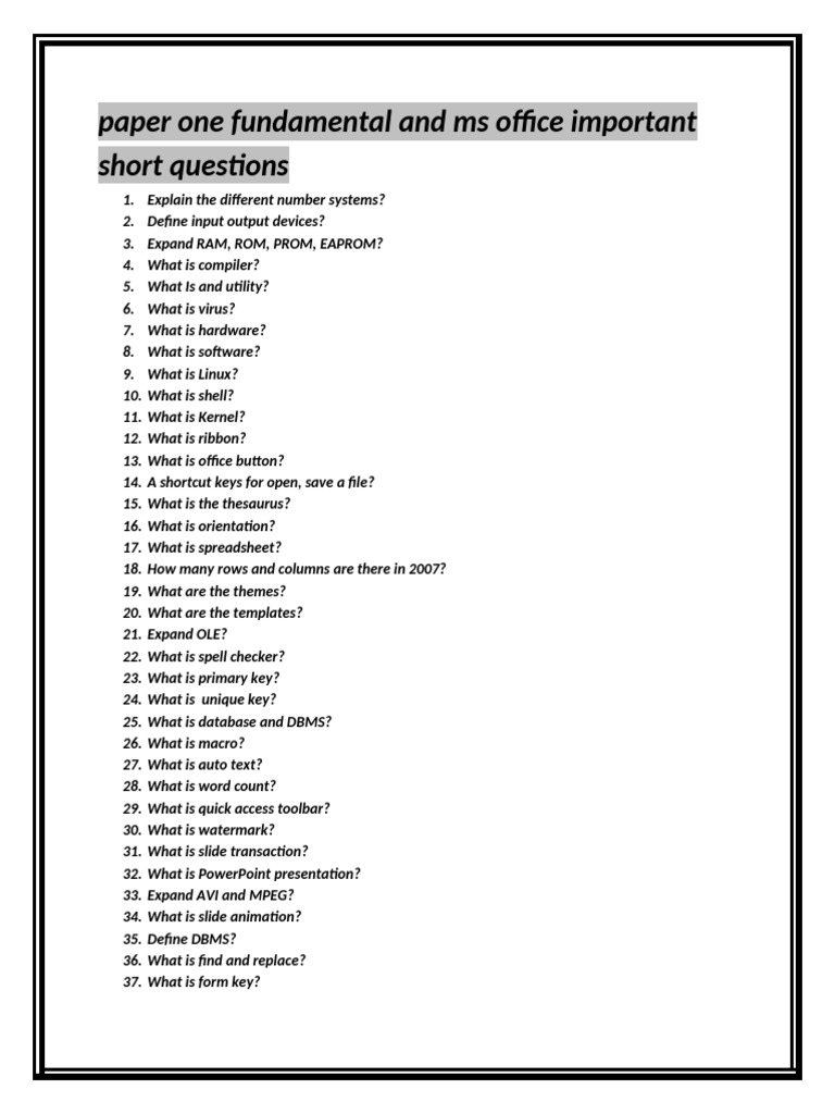 Paper One Fundamental and MS Office Important Question | PDF