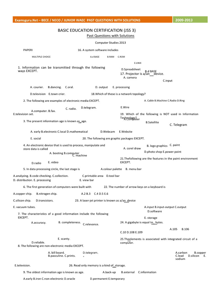 Junior WAEC Past Question Computer | PDF | Computer Data Storage ...