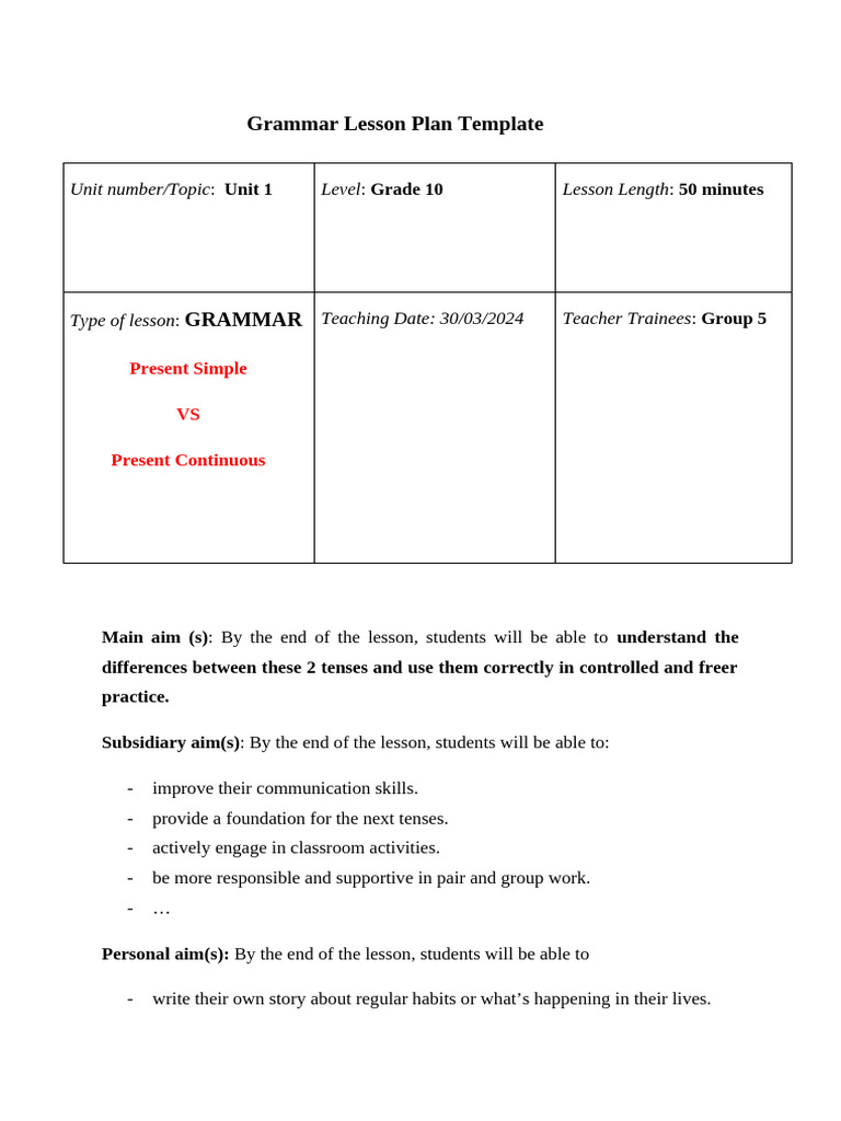 Group 5 - Lesson Plan (Grammar) | PDF | Lesson Plan | Behavior Modification