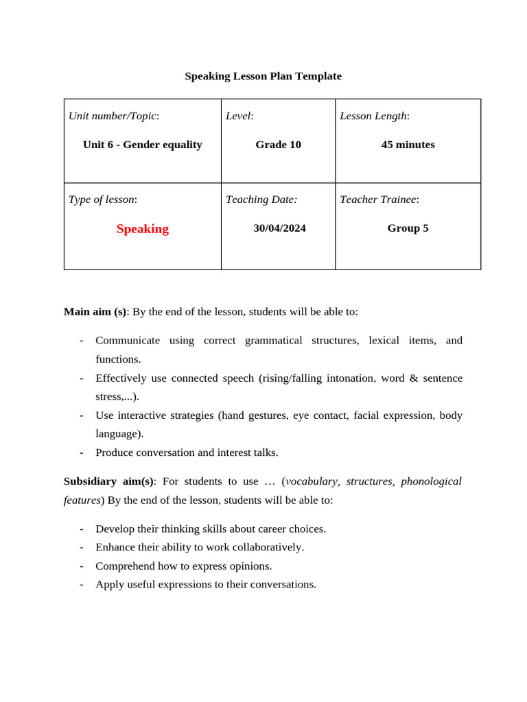 Group 5 - Lesson Plan (Speaking) | PDF | Vocabulary | Lesson Plan