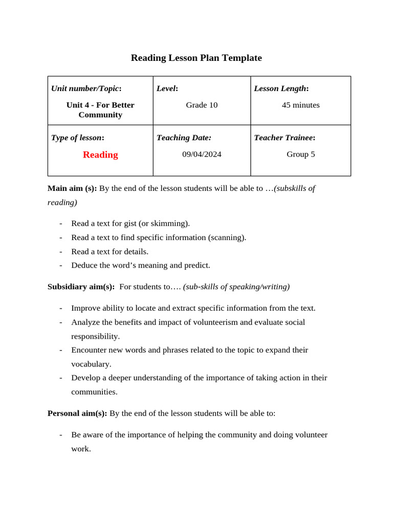 Group 5 - Lesson Plan (Reading) | PDF | Vocabulary | Lesson Plan