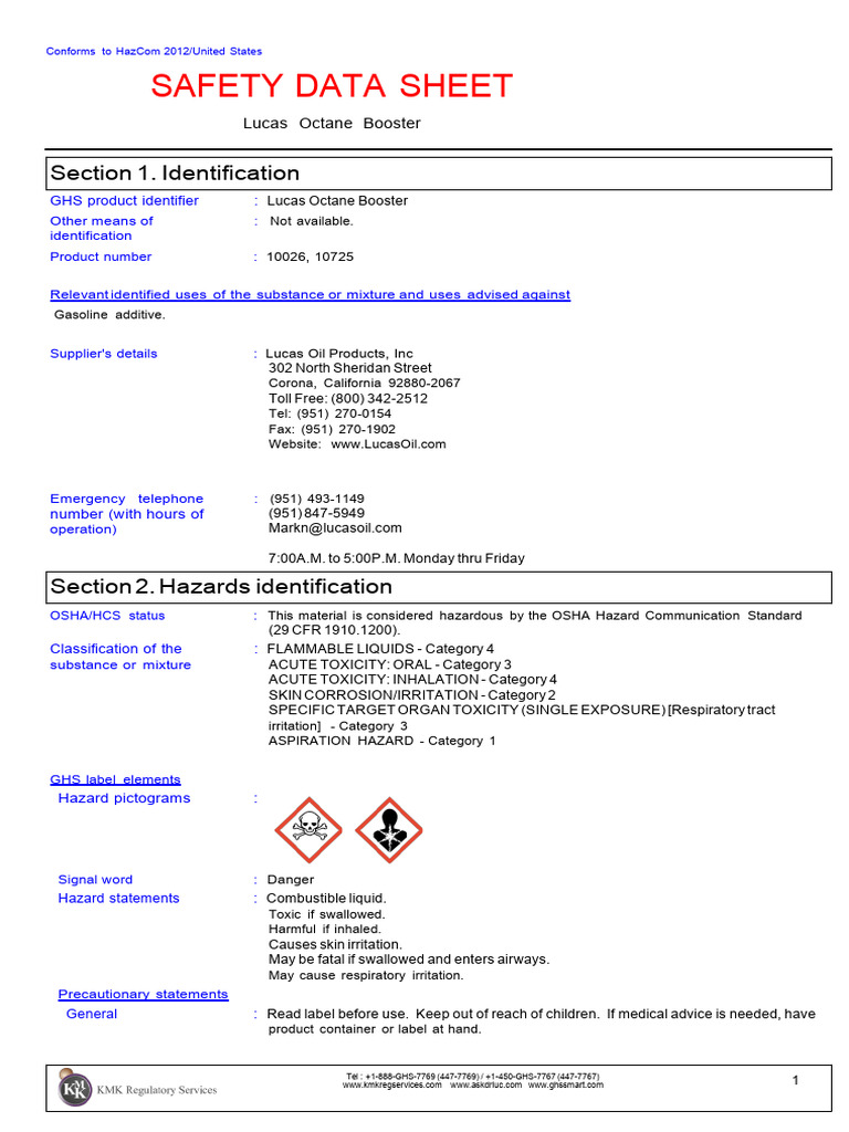 SDS Octane-Booster | PDF | Toxicity | Occupational Safety And Health