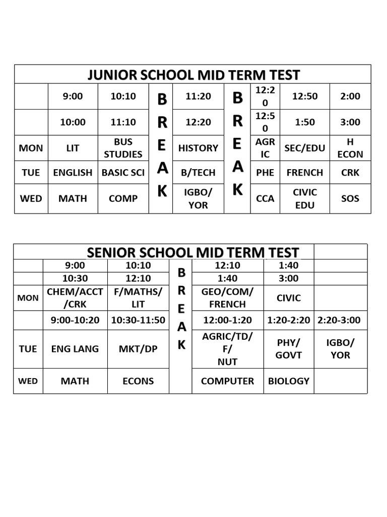 Mid Term Test Time Table | PDF