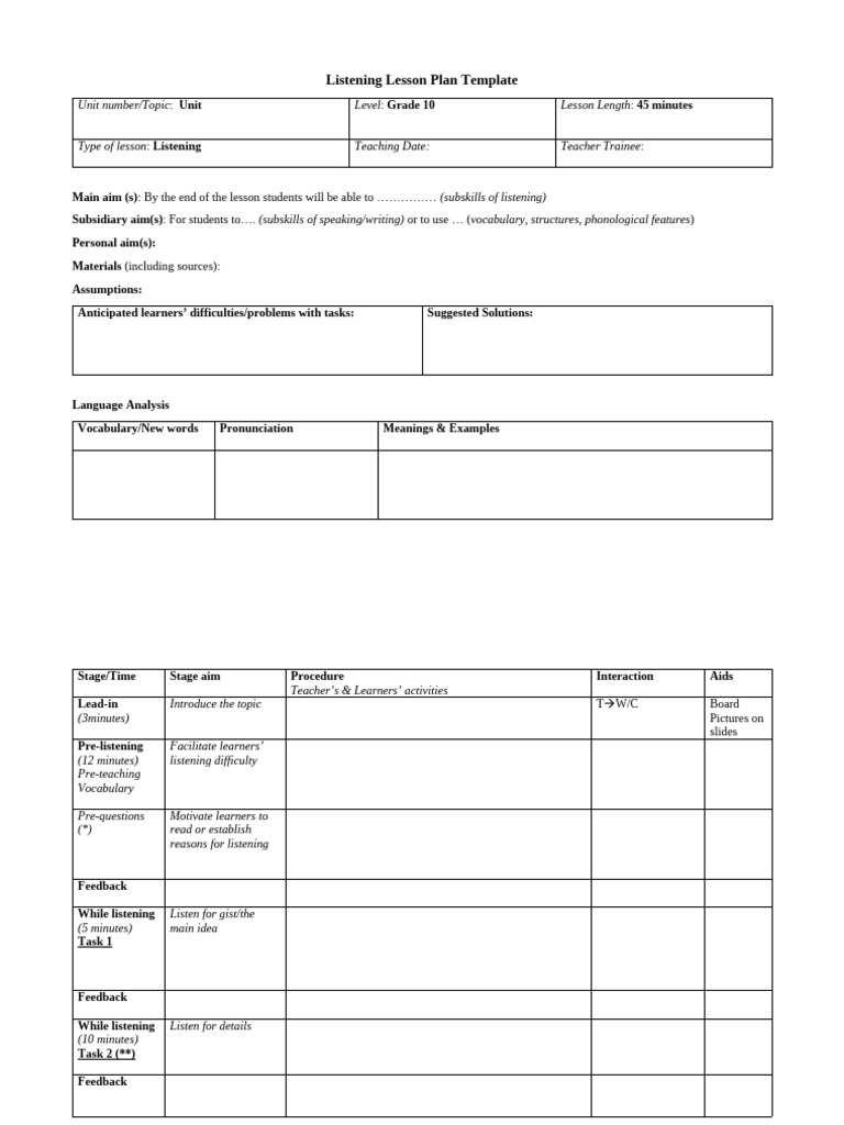 Listening Lesson Plan Template | PDF | Vocabulary | Lesson Plan