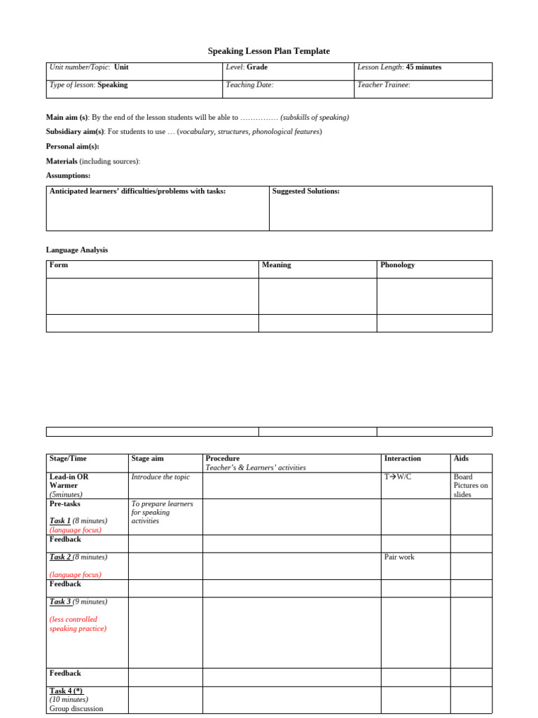 Speaking Lesson Plan Template | PDF | Career & Growth