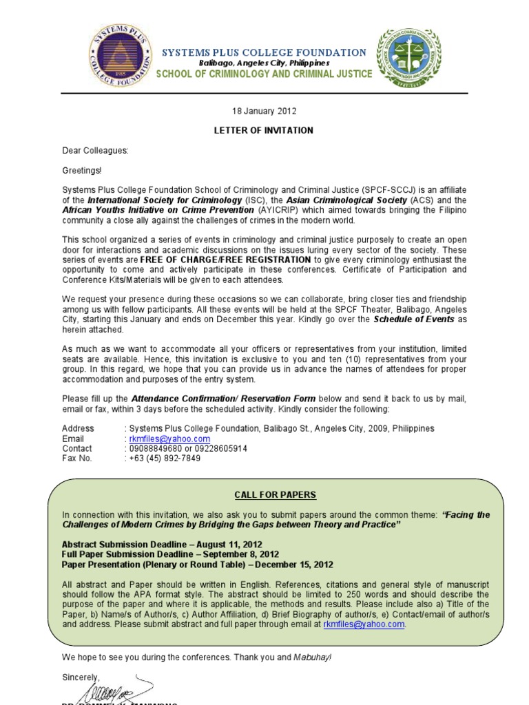 Letter of Invitation and Call for Paper | Criminology | Crime Prevention