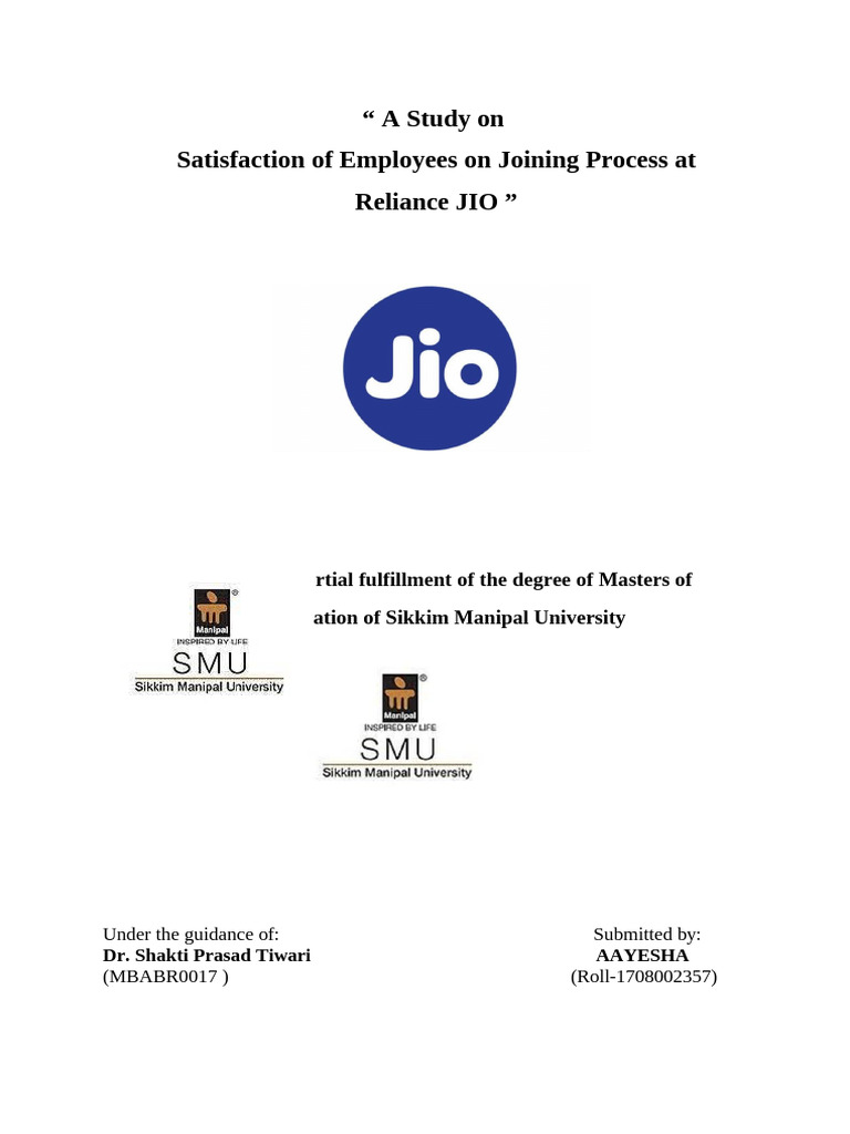 A Study On Satisfaction of Employees On Joining Process at Reliance JIO | PDF | Recruitment ...