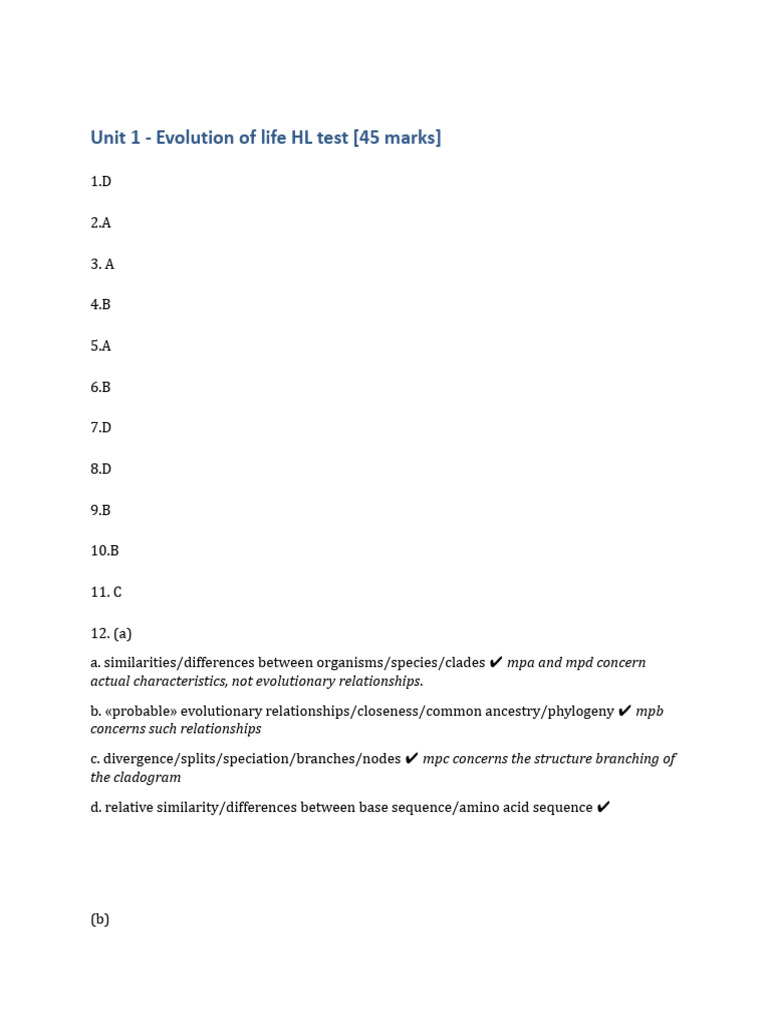 Unit 1 - Evolution of Life HL Test MARKSCHEME | PDF | Biological ...