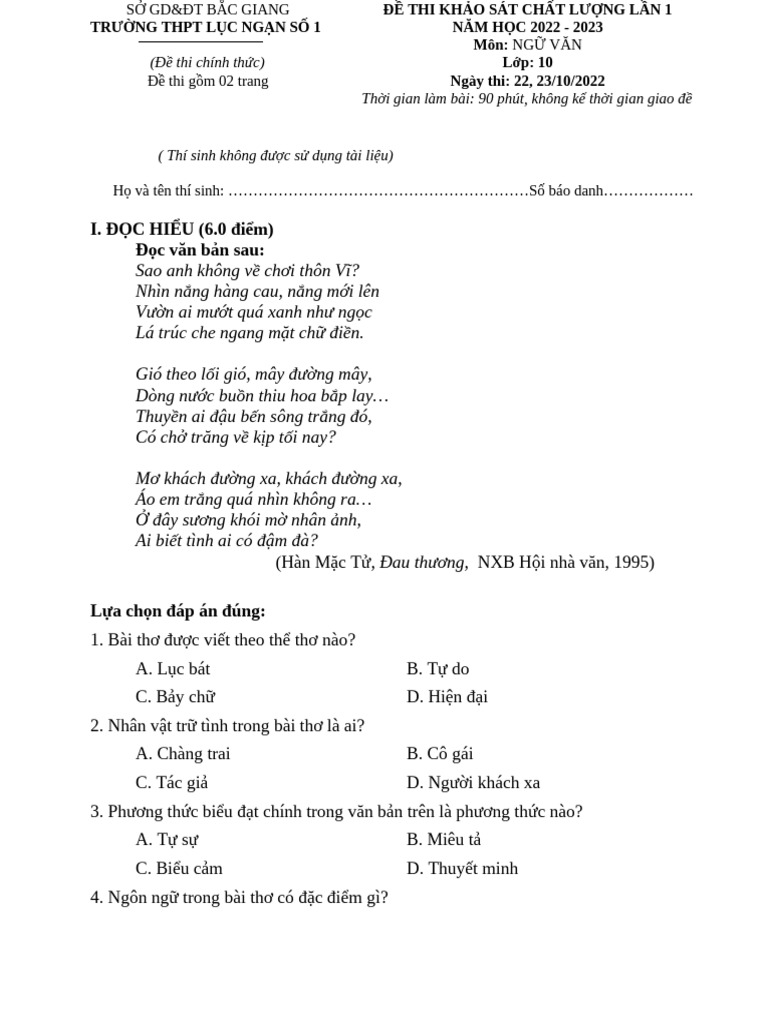 ĐỀ KHẢO SÁT VĂN 10 L1 2022 | PDF