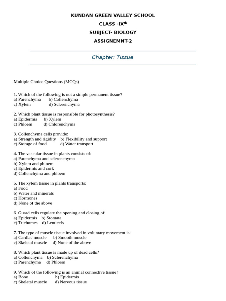 Assignment 1 Cell Class 9th | PDF | Tissue (Biology) | Branches Of Botany