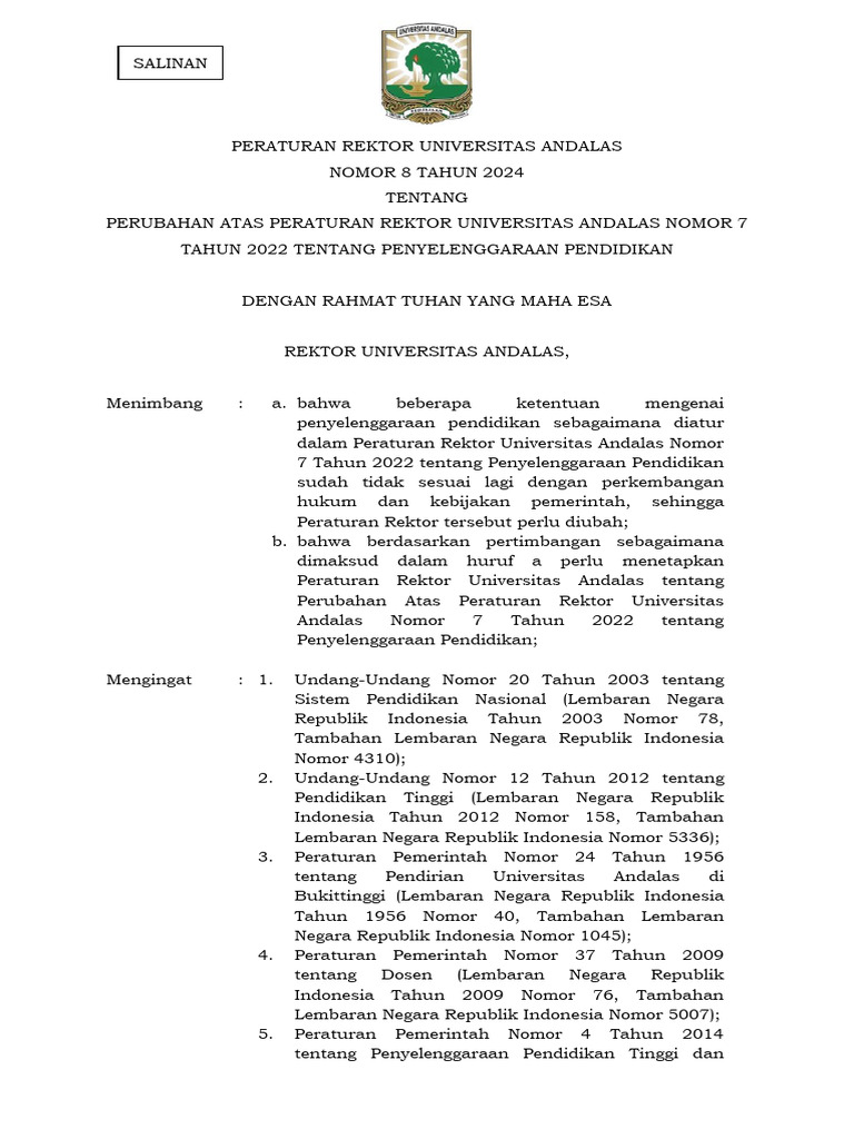 PERATURAN REKTOR NOMOR 8 TAHUN 2024 TENTANG PERUBAHAN ATAS PERATURAN ... PERATURAN REKTOR NOMOR 8 TAHUN 2024 TENTANG PERUBAHAN ATAS PERATURAN ...