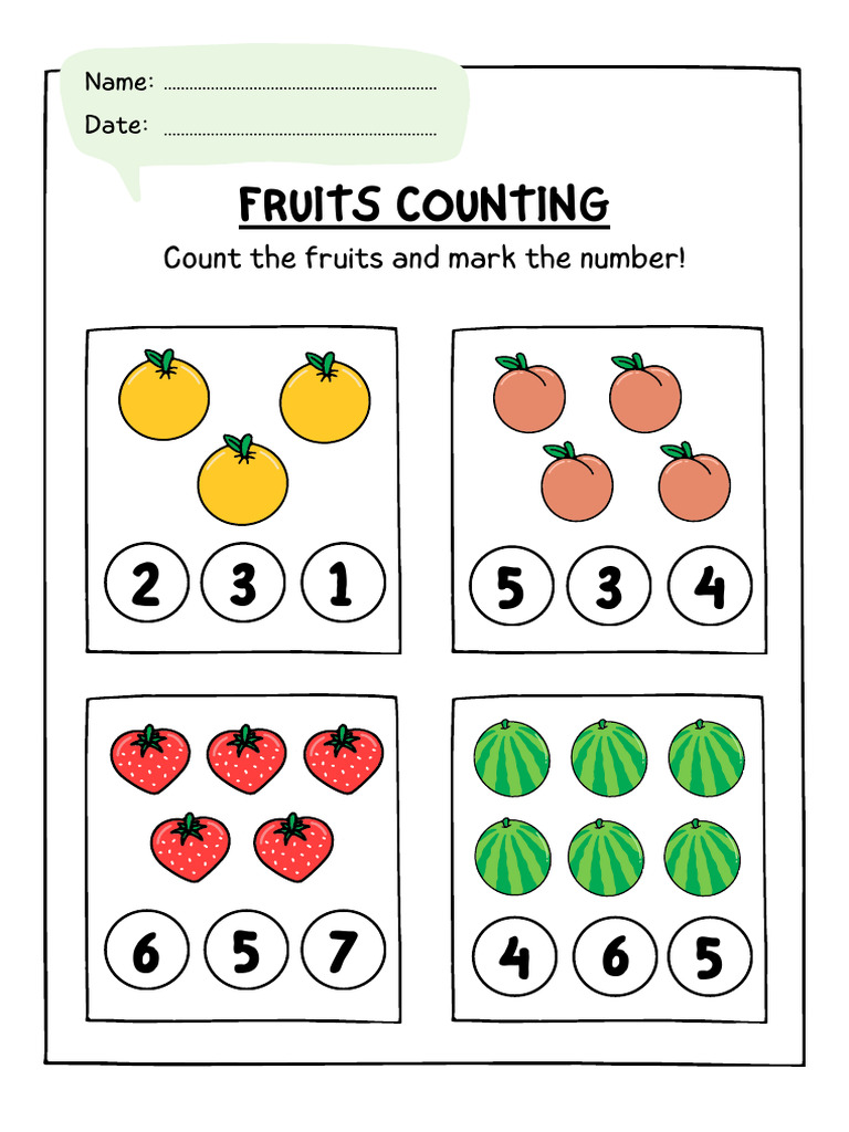 Counting Fruits Worksheet-Number Recognition | PDF