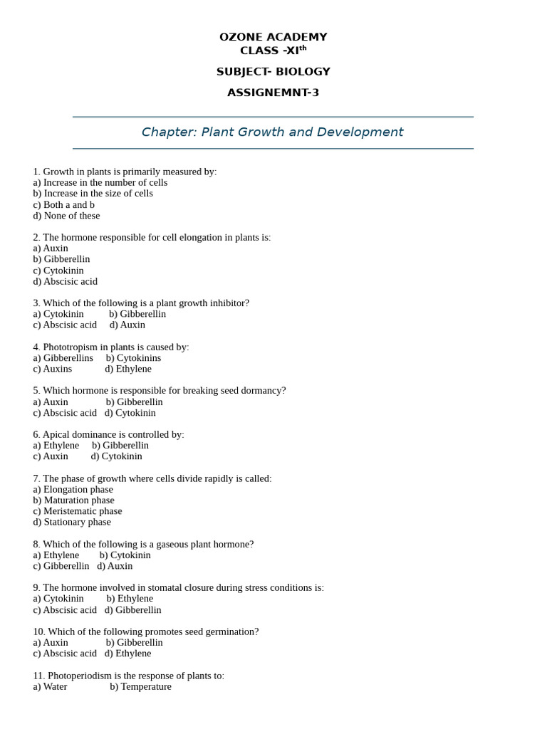 Plant Growth and Development Quiz | PDF | Plant Hormone | Auxin