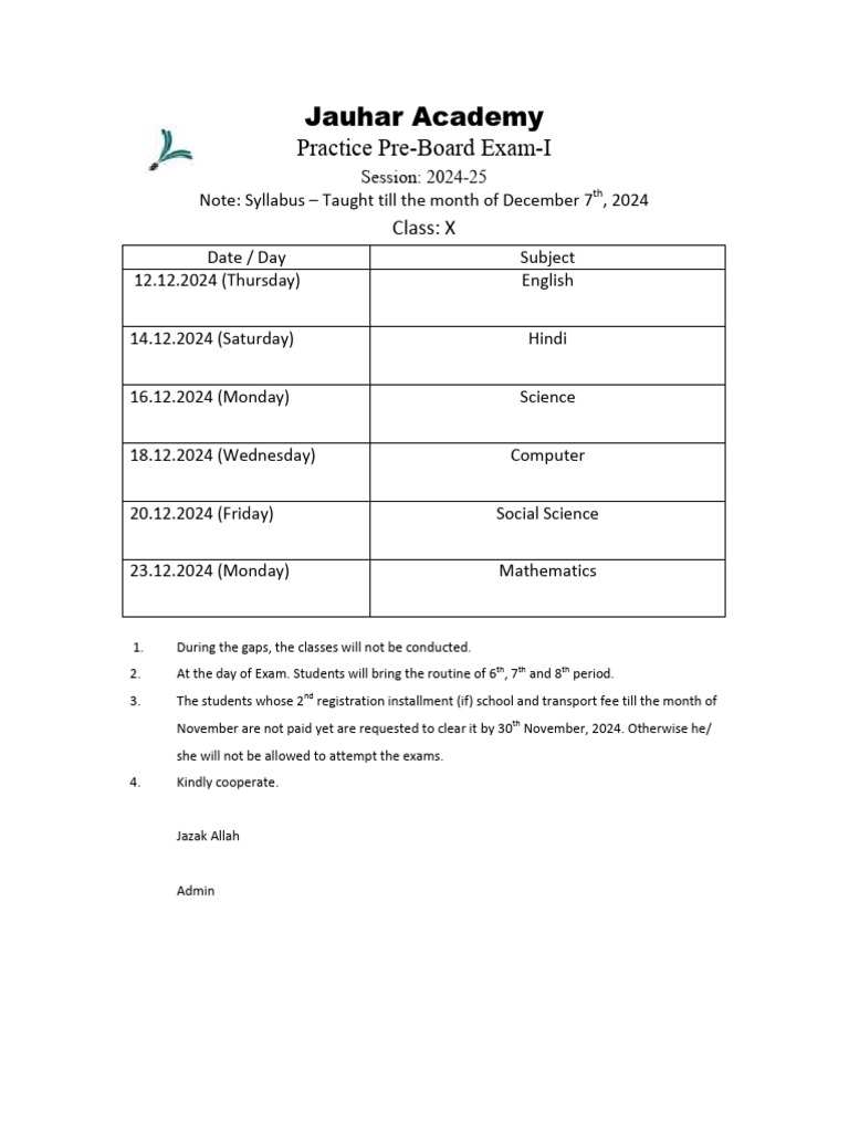Pre Board Exam Date Sheet 2024-25 | PDF