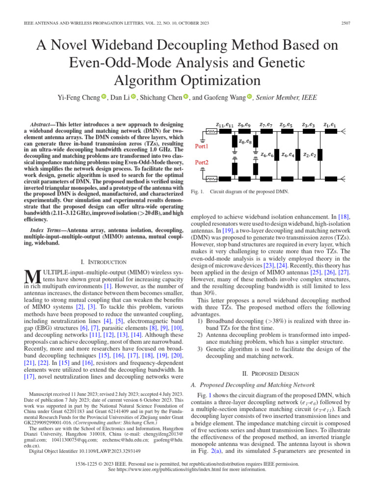 Paper 2 A Novel Wideband Decoupling Method Based On Even-Odd-Mode Analysis and Genetic Algorithm ...