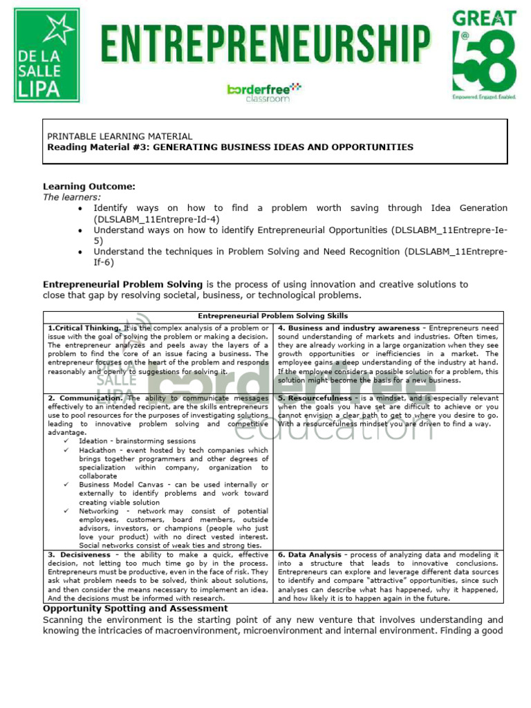 RM3 - Generating Business Ideas and Opportunities | PDF ...