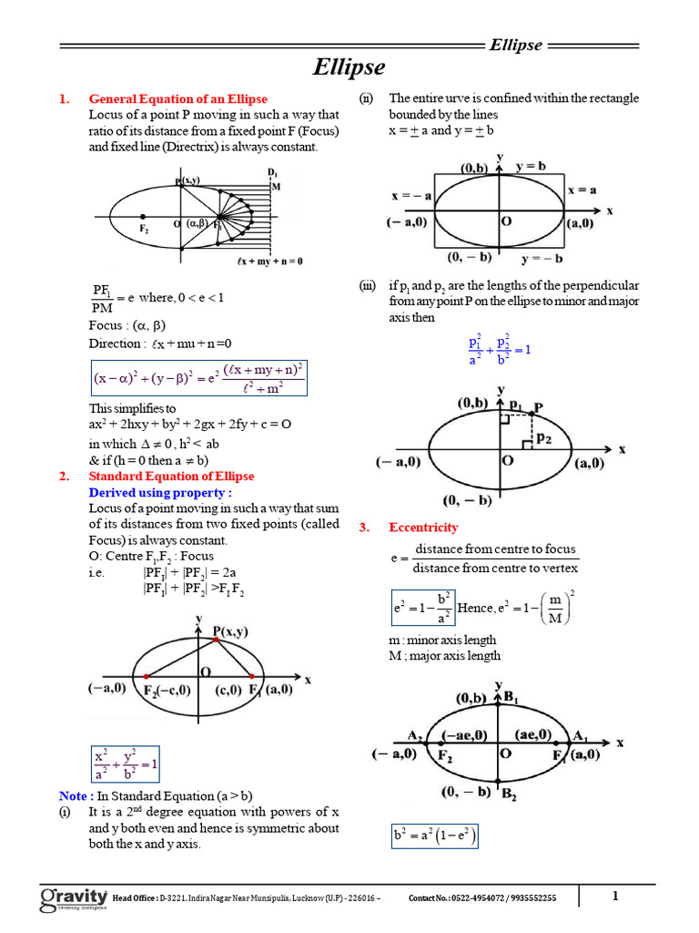 Ellipse (JEE Exam) Short Notes | PDF | Ellipse | Circle