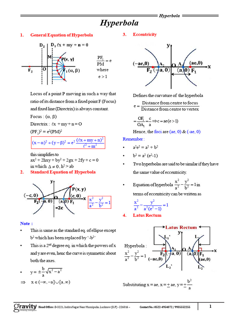 Hyperbola (JEE Exam) Short Notes | PDF | Ellipse | Analytic Geometry