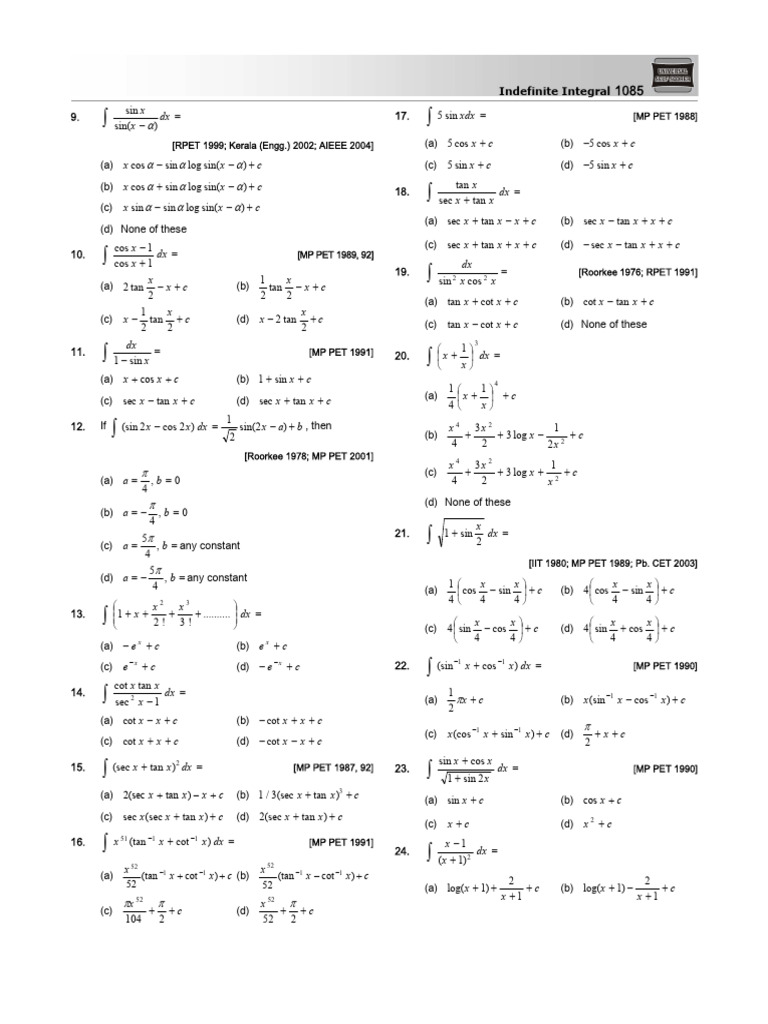Indefinite Integral Questions | PDF