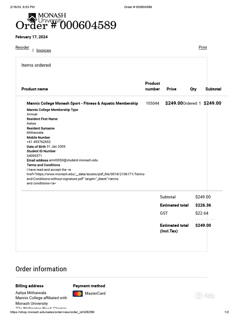 Monash Gym Membership Receipt | PDF | Payments