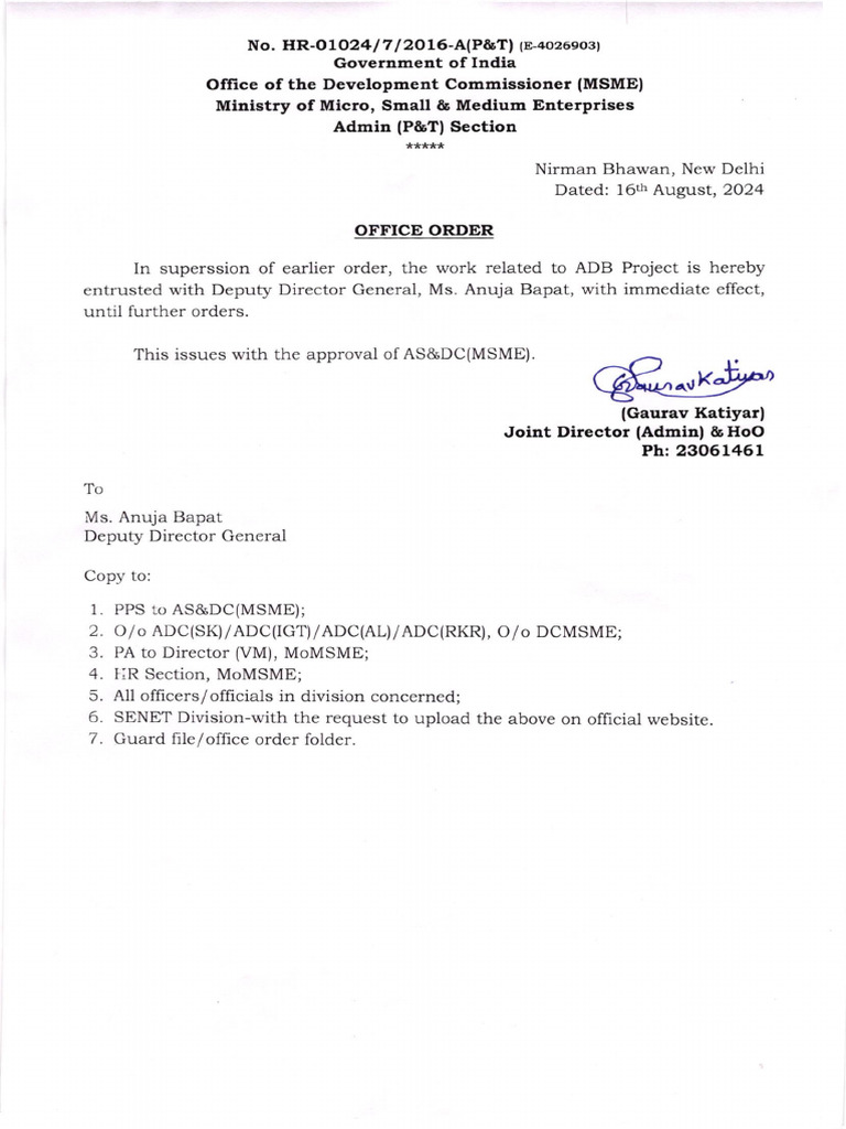 ADB Project Assignment Order for Anuja Bapat | PDF