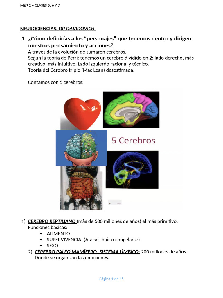 Preguntas Neurociencias I, II y III (Dr. Carlos Davidovich) MEP2 | PDF | Las emociones | Cerebro