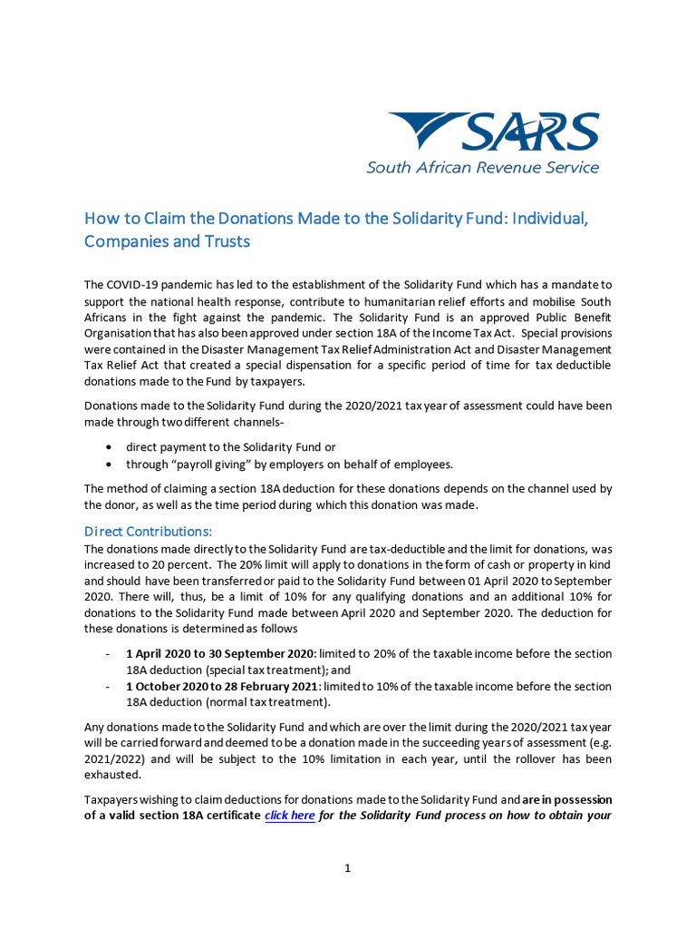 SARS Solidarity Fund Article 2020 2021 | PDF | Tax Deduction | Taxes