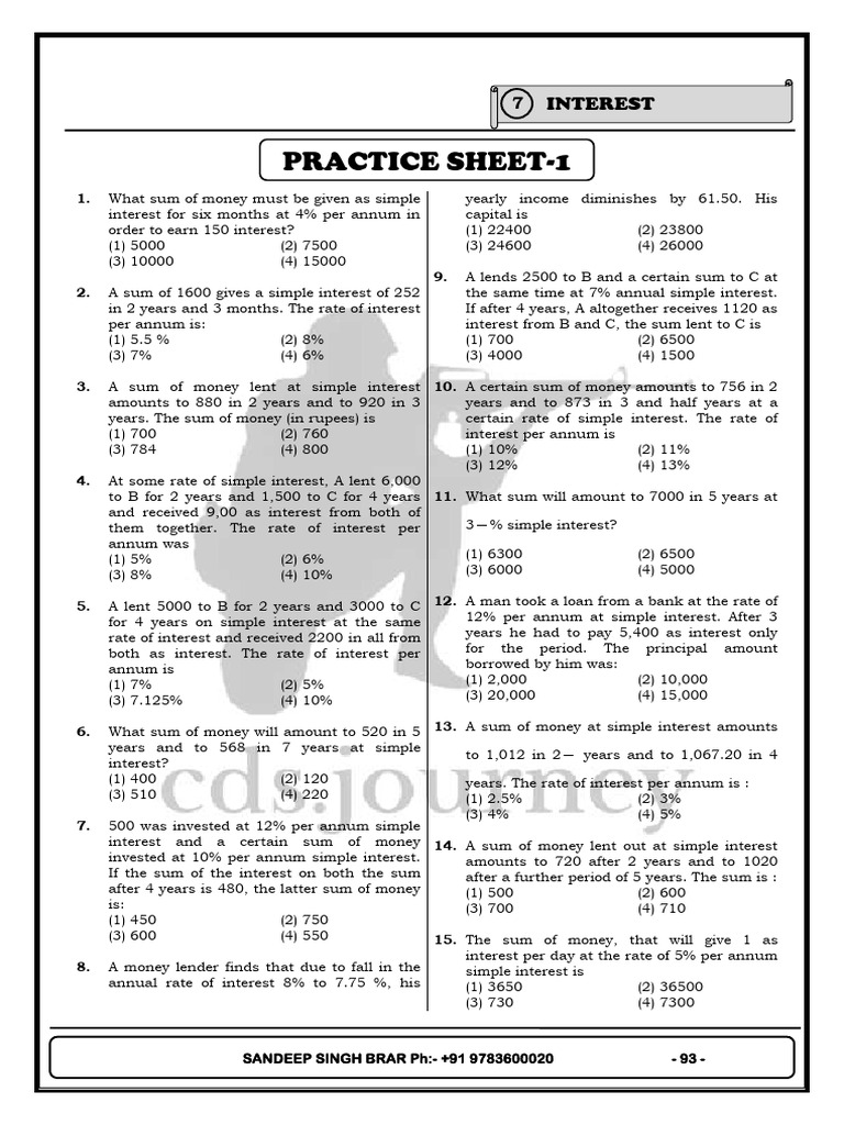 Simple Interest Practice Questions | PDF | Interest | Compound Interest